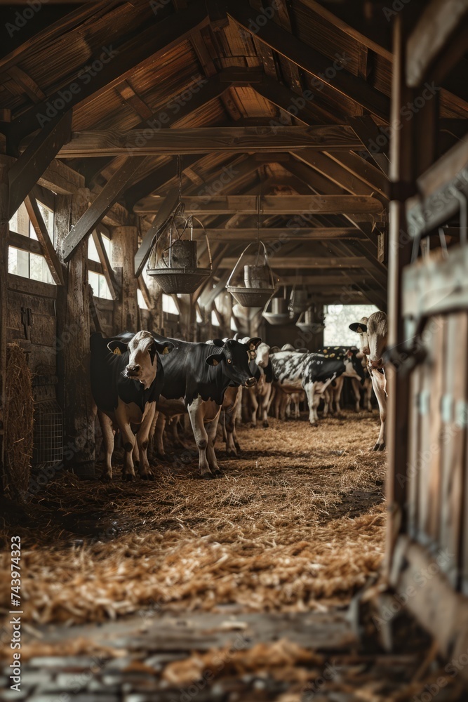 A group of cows are seen standing inside a traditional barn. The cows ...