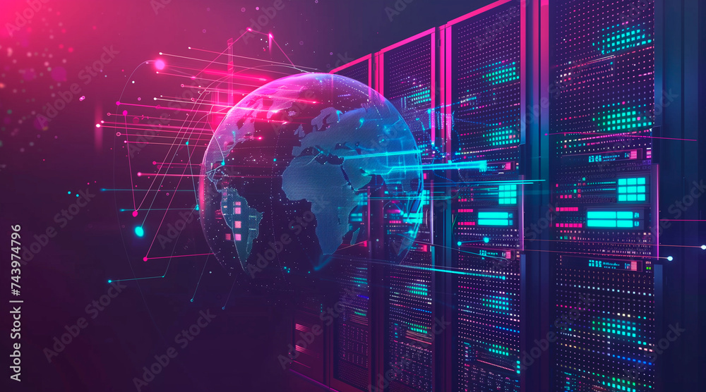 Global network concept with hardware computer server data center and hologram globe. World ...