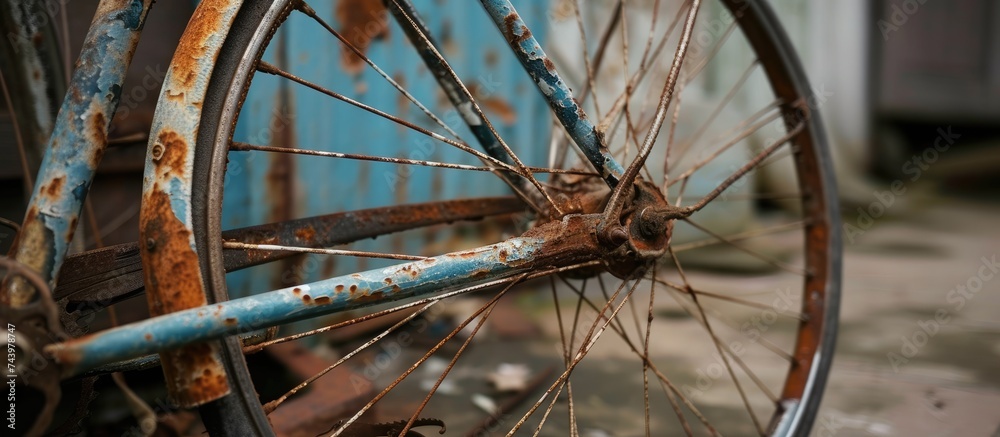 An old, weathered bicycle wheel with rusted spokes, displaying signs of ...