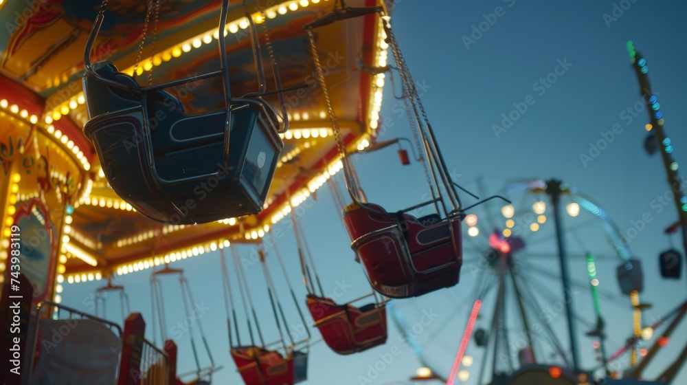 An empty carousel ride swings gently in the twilight, with illuminated ...