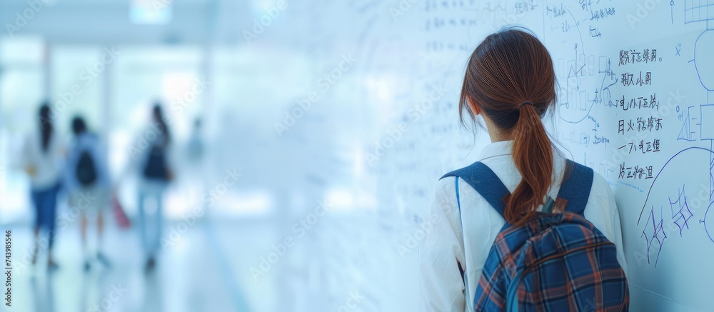 Back view of high school student solving math problem on whiteboard in ...