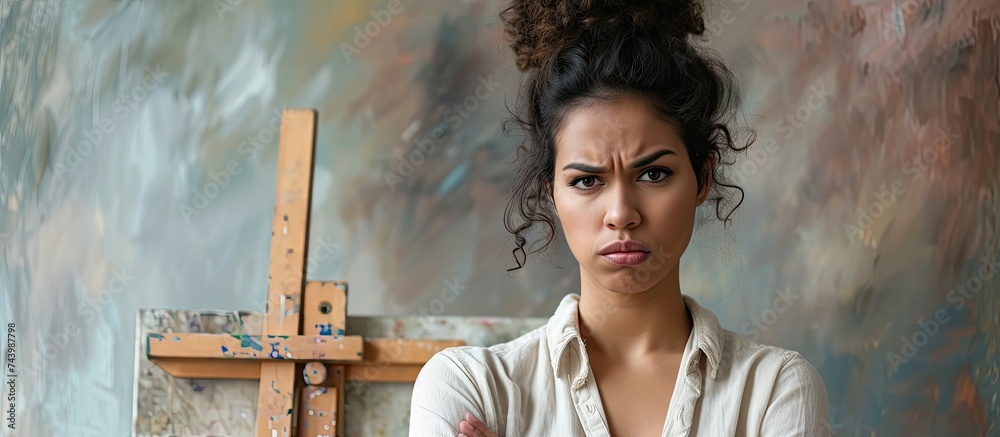 Young hispanic woman standing by painter easel stand disgusted ...