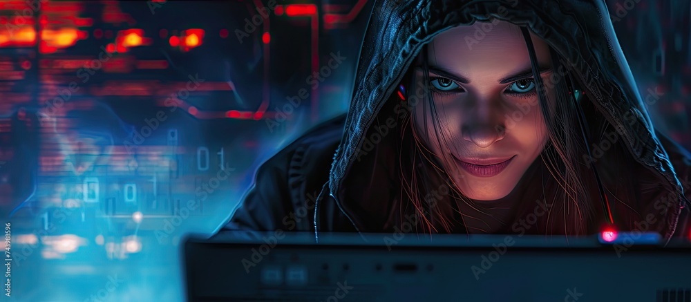 female hacker staring at the screen smiling sitting in front of ...