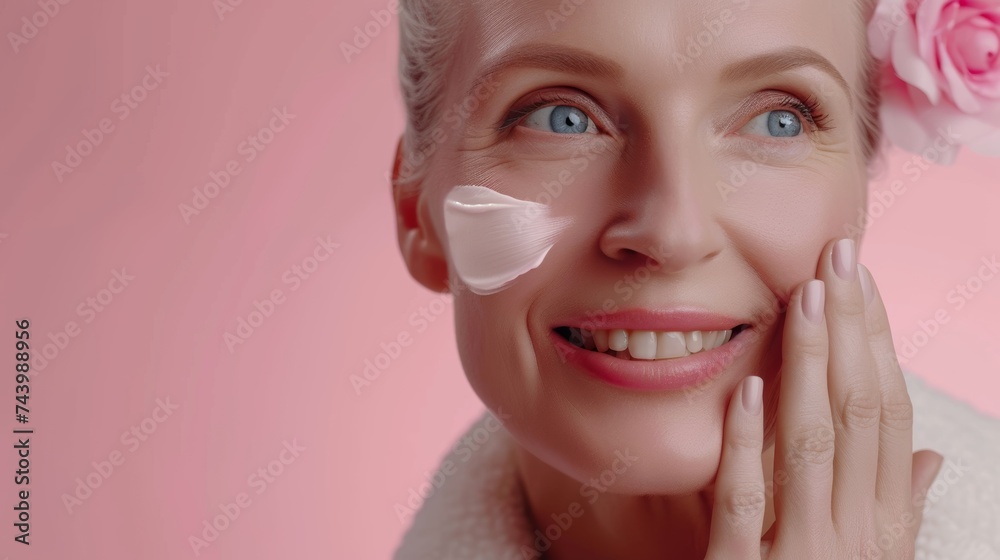 senior beautiful woman smile use cream for good skin. face of a healthy ...