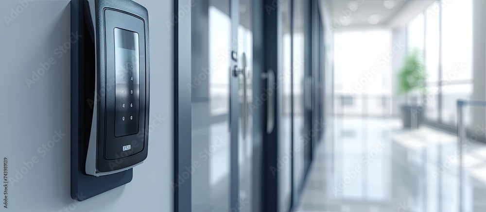 Finger print scan access control system machine on wall near entrance ...