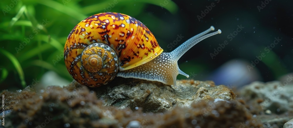 A detailed view of a Golden Apple Snail, also known as Canaliculata ...