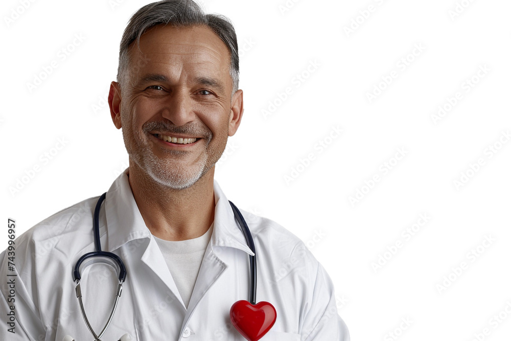 Smiling man cardiologist with white coat, stethoscope, heart model on ...