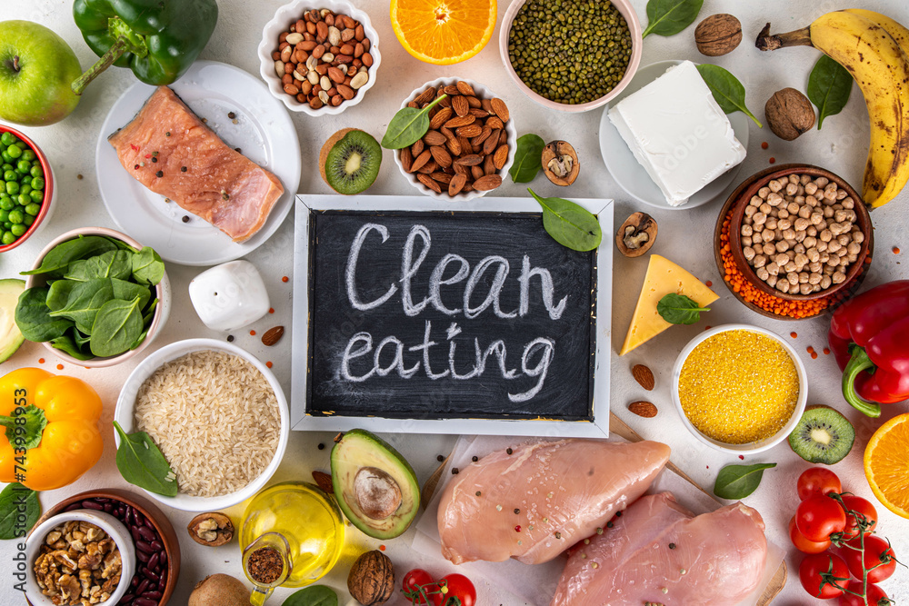 Clean Eating Diet foods background, fruits, vegetables, lean proteins ...
