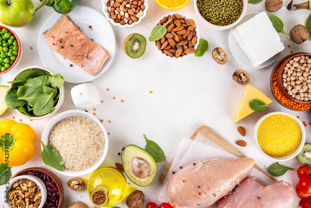 Clean Eating Diet foods background, fruits, vegetables, lean proteins ...