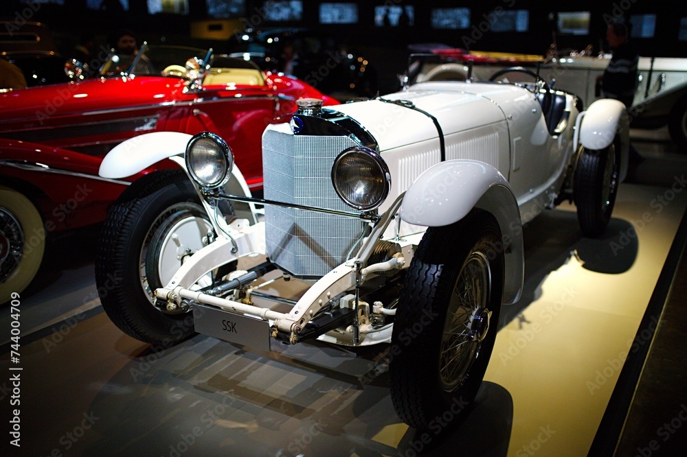 STUTTGART, GERMANY - 23, 2024 - Gallery with ancient Mercedes Benz car ...