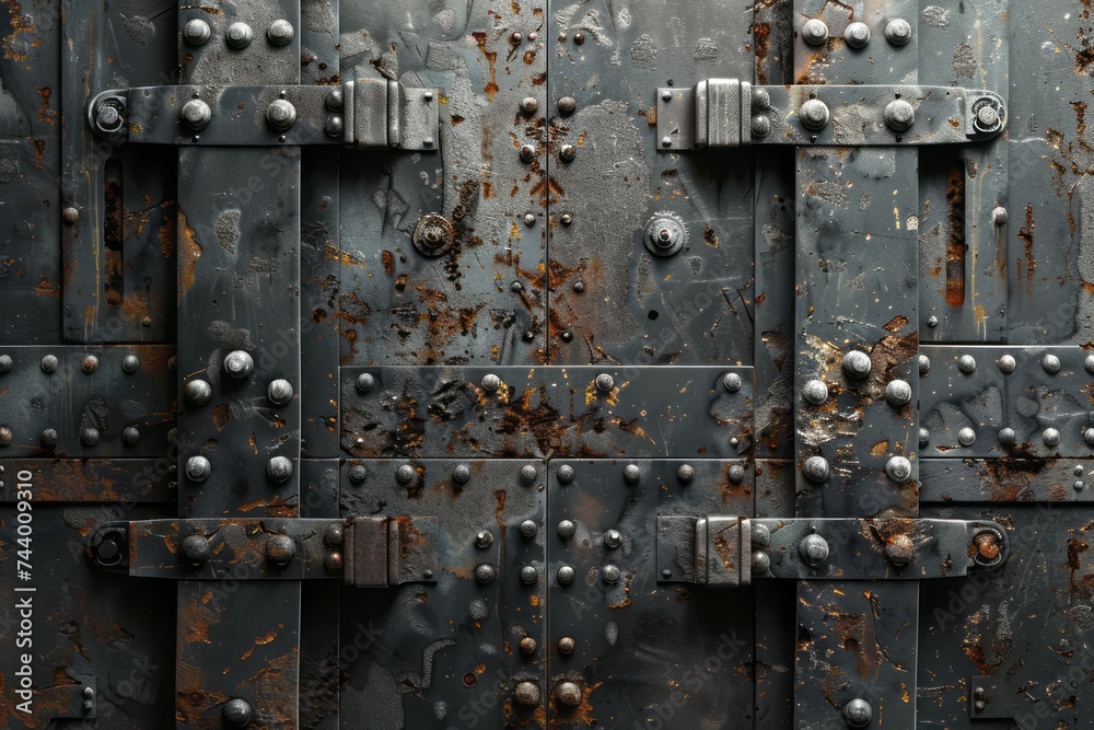 Corroded metal surface with rust, decay, industrial markings. Adds ...