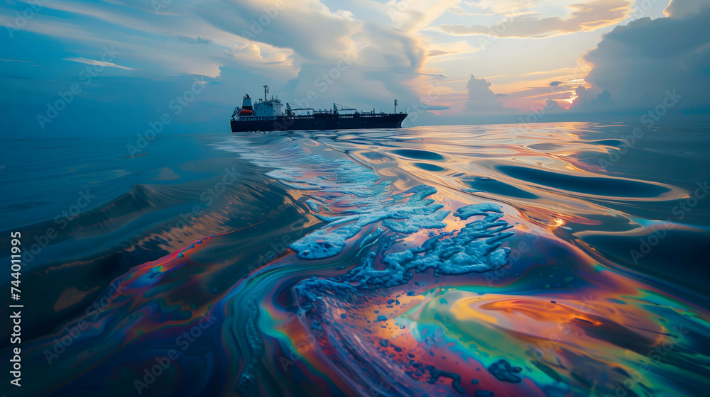 oil floating on the surface of the ocean, water pollution and chemicals ...