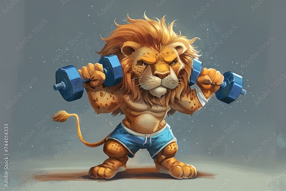 An anthropomorphic lion in workout gear lifting tiny weights, playfully ...