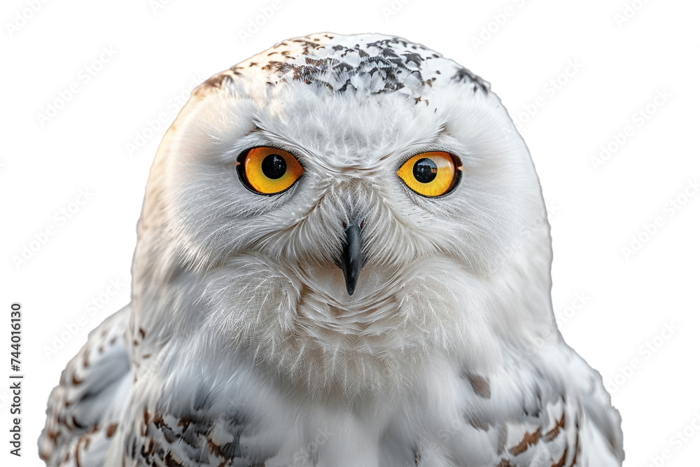 A majestic snowy owl with piercing eyes, directly facing the camera on ...