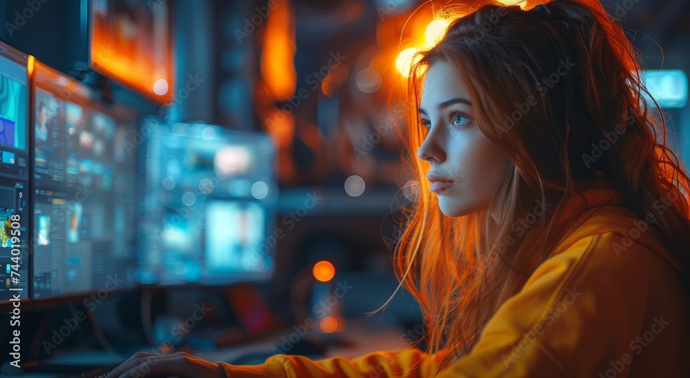 Lost in the glow of the computer screen, a girl's face reflects the ...