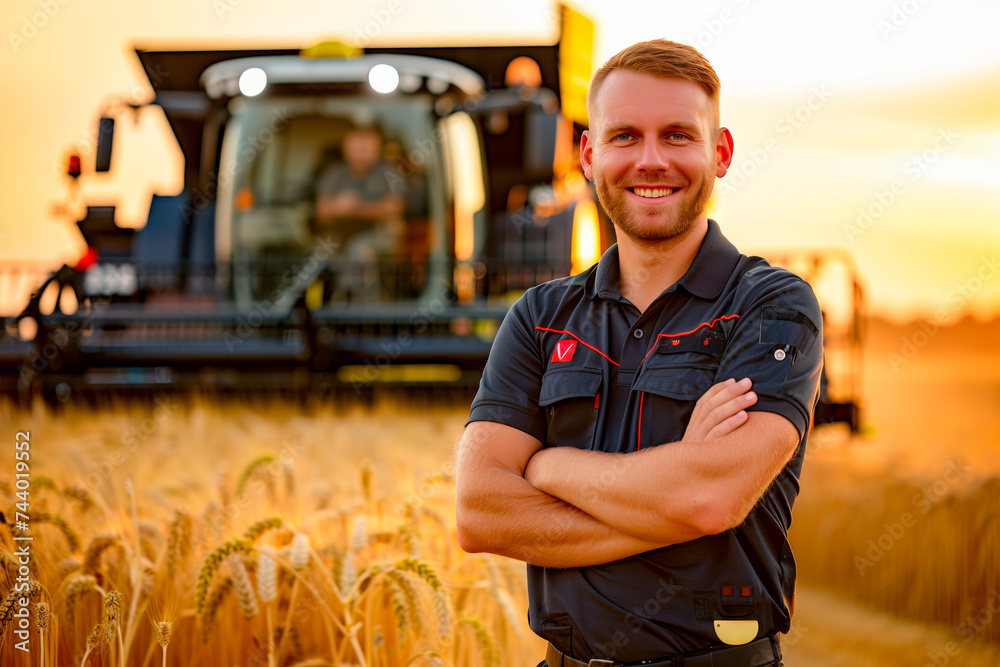 Confident Farmer with Combine Harvester in Wheat Field. Smiling farmer ...