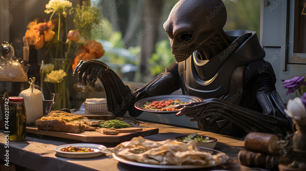 realistic alien dressed in black eating mexican sweet bread from a ...