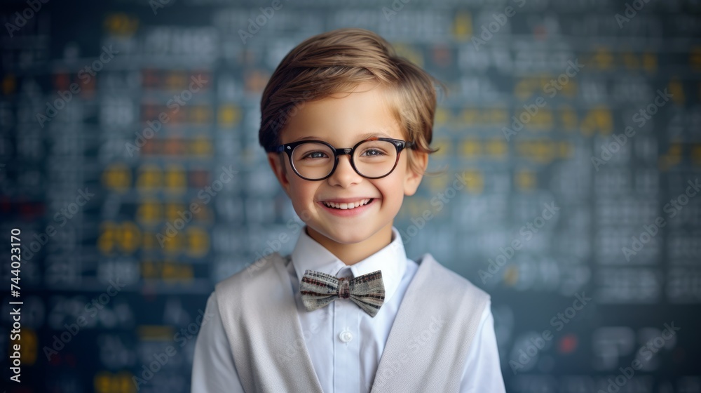 6 year old boy stands as a professor with a bow tie in front of a ...