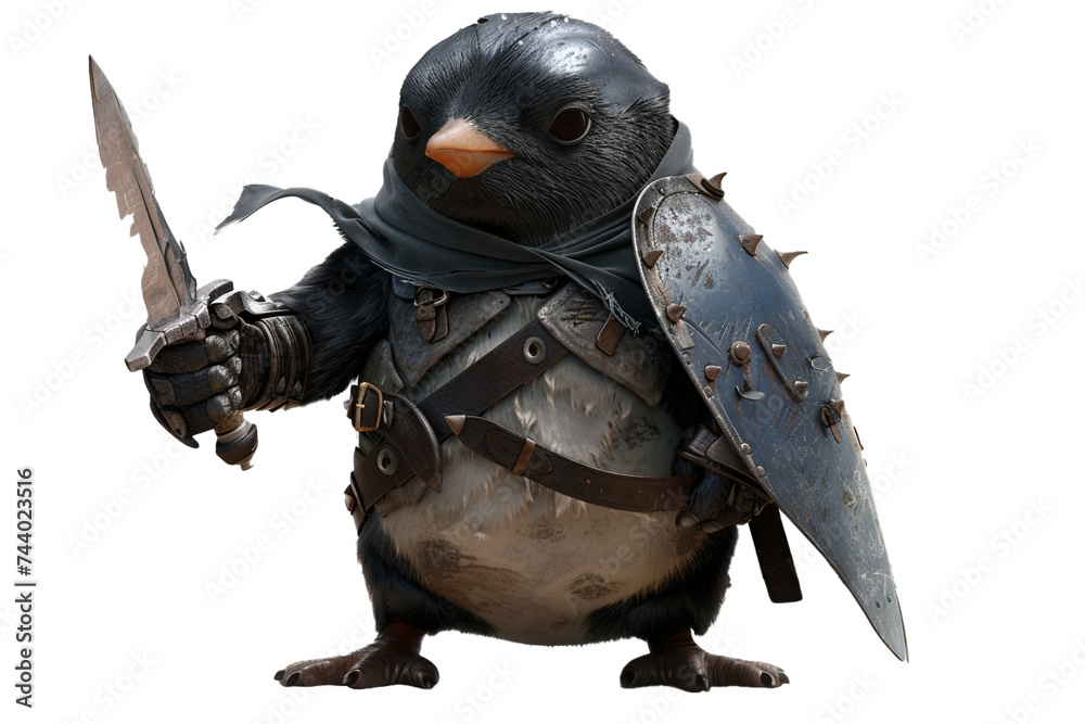 A valiant knight penguin wielding a tiny sword and wearing armor, ready ...