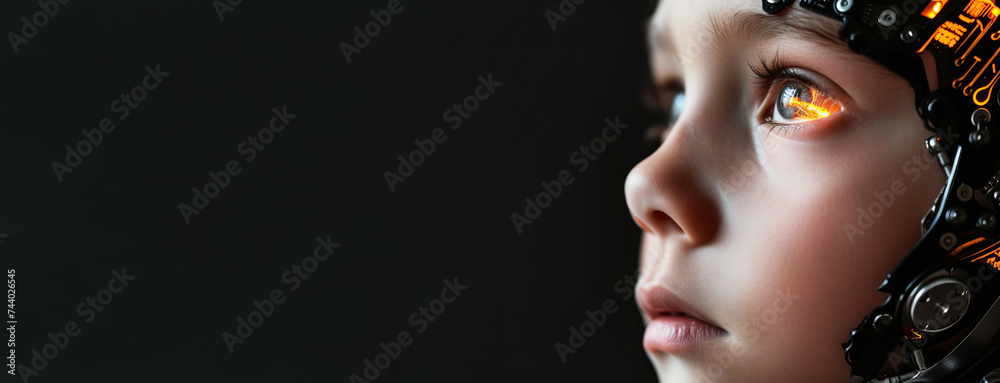 Portrait of a cyborg robot child with technical elements and sensors on ...