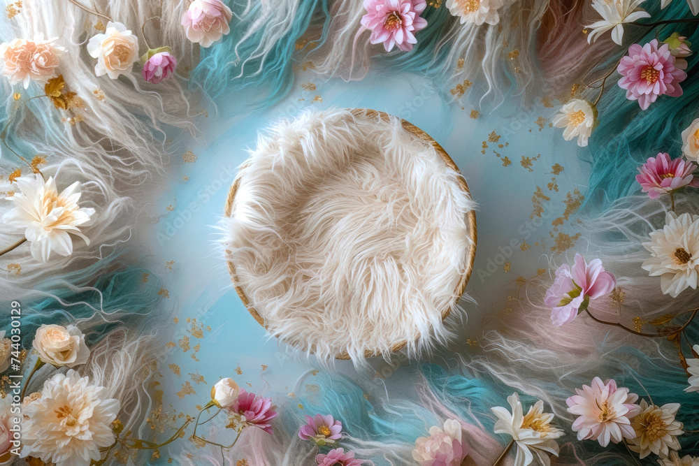 Newborn Floral digital backdrop. Moses basket, fur nest, featherbed ...