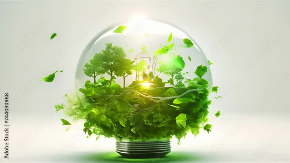 Renewable energy light bulb with green energy. Green energy concept illustrating renewable and ...