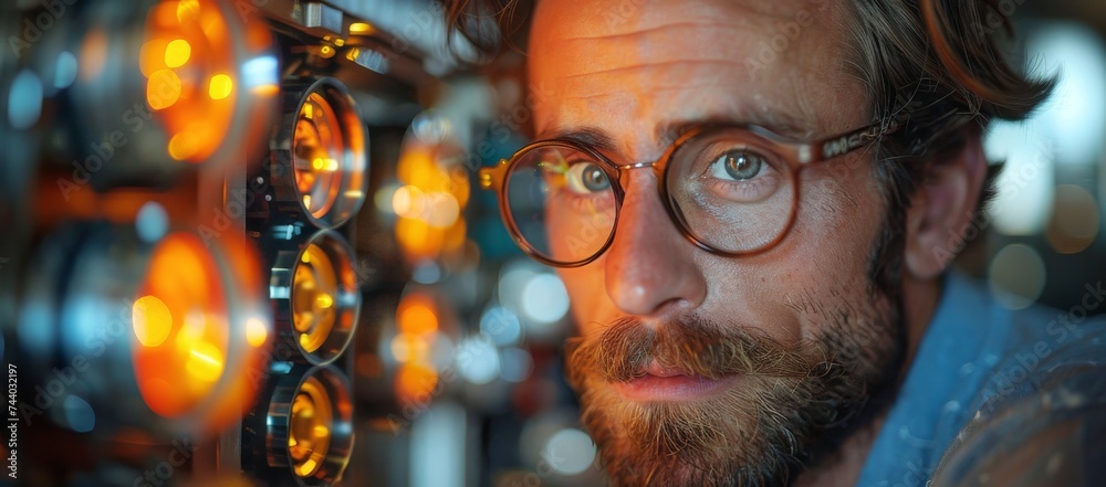 A wise and dignified man gazes confidently through his glasses, his ...