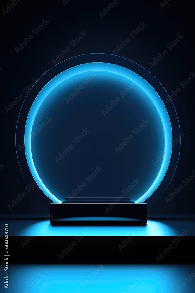 Blue neon light podium, stand, platform for product presentation ...