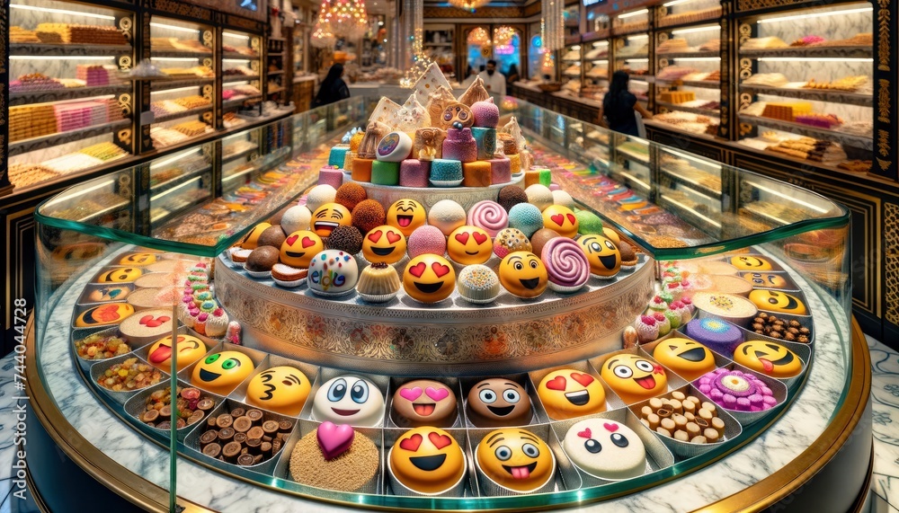 A display from a Diwali sweet shop where the glass counters showcase an ...