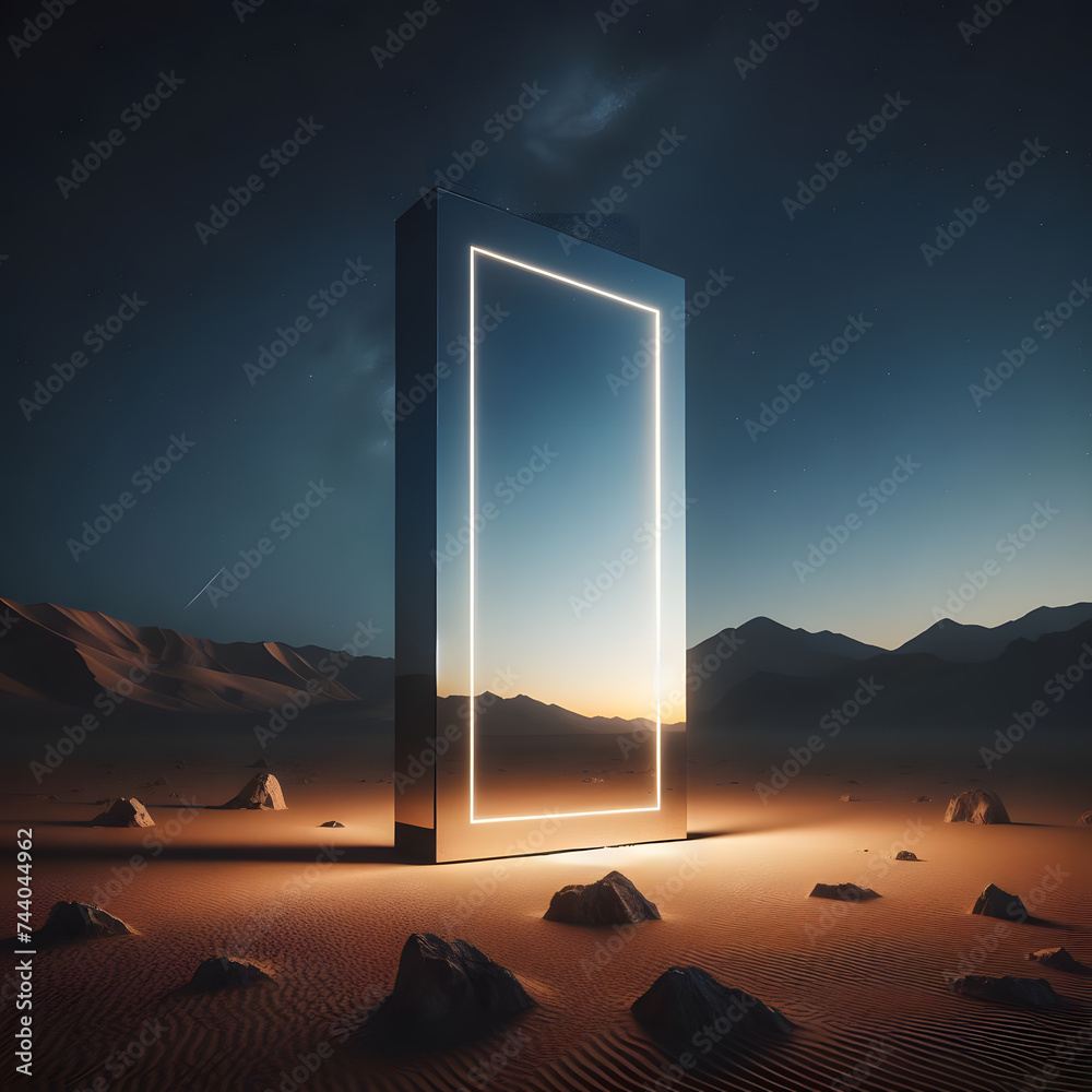 mirror monolith standing in the desert night moon sky, rectangle shape ...