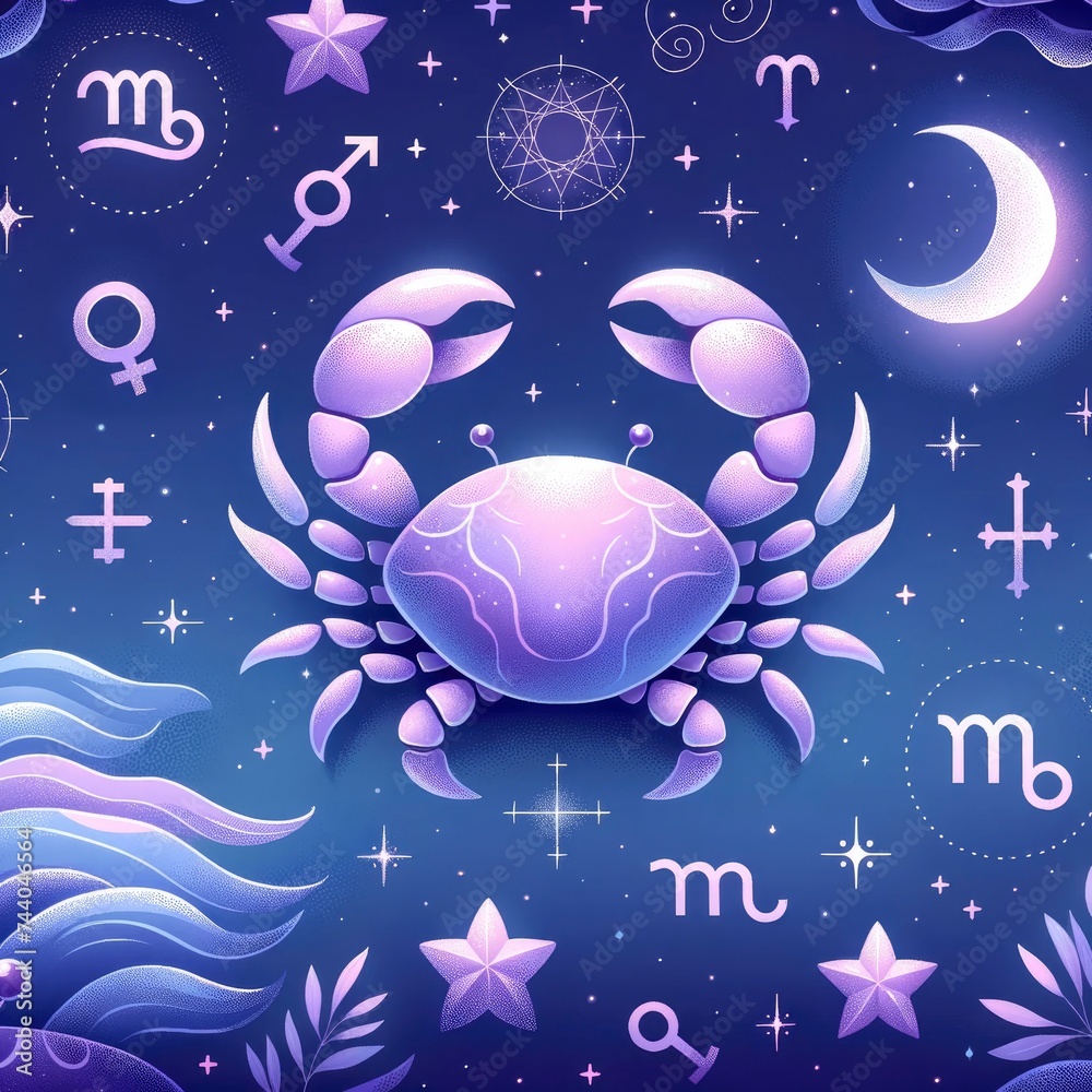 An illustration featuring the zodiac Cancer crab symbols in lavender ...