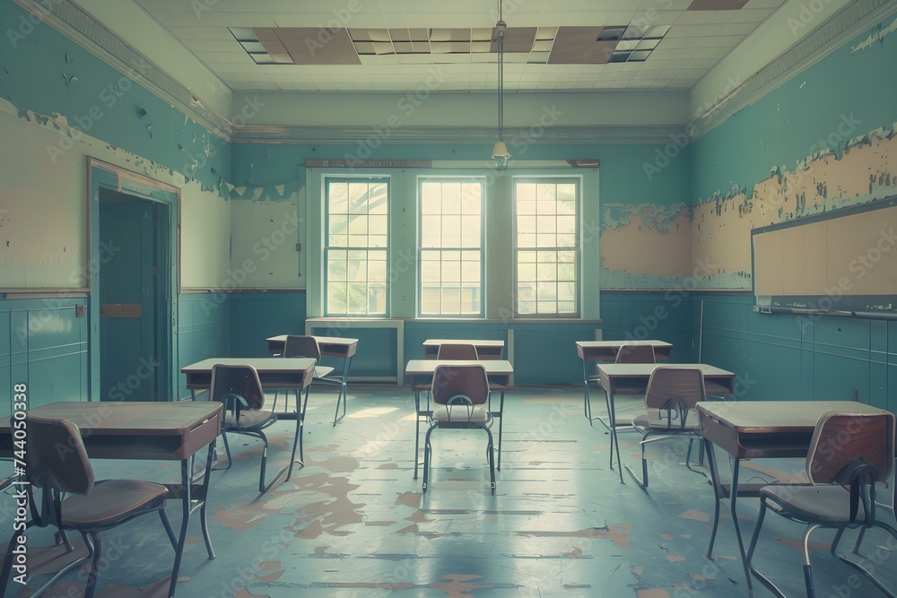 Empty elementary school classroom with desks and chairs no students or ...