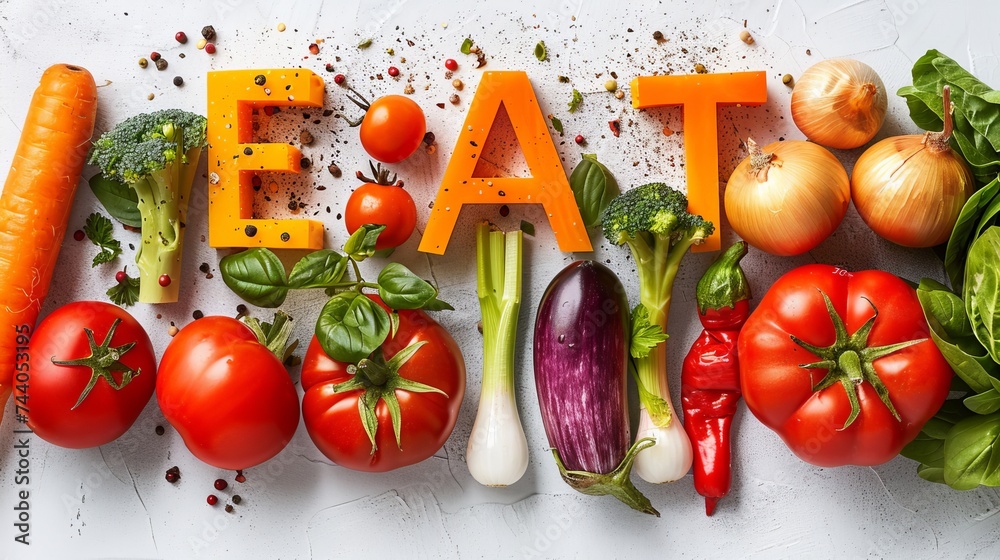 Eat typography design in colorful font on various vegetables background ...