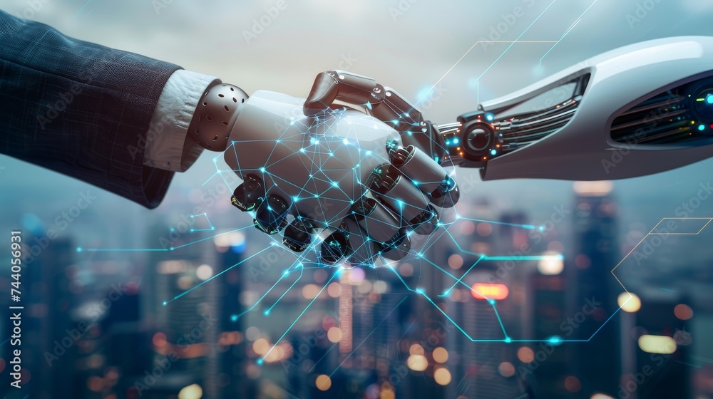 Robotic Handshake Representing AI Collaboration A digital illustration ...