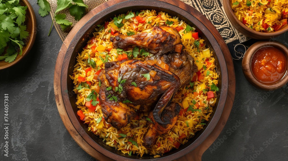 Top view of Chicken Mandy: Arab cuisine's national dish, chicken kabsa ...