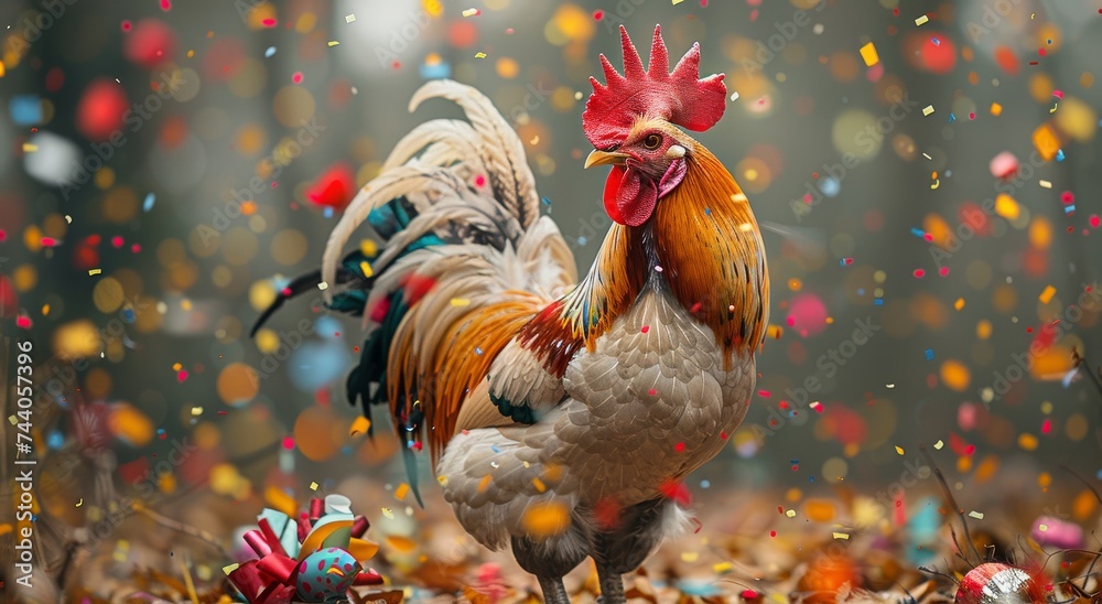 A majestic rooster struts amidst a vibrant explosion of confetti ...