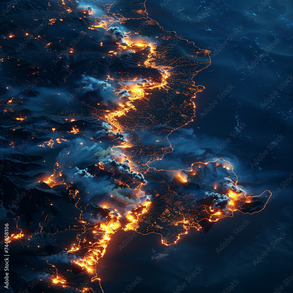 Dramatic outer space shot of volcanic eruptions on an island lava flows ...