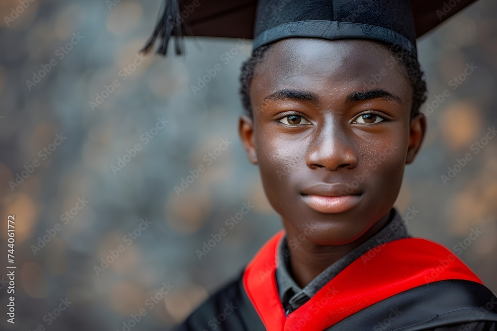 Retrato De Chico Joven Adolescente Afro Con Atuendo De Graduacion Y Estola Roja Foto De Stock