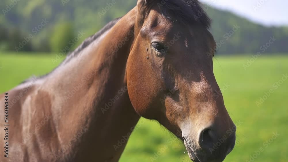 Portrait of brown riding horse in sunny green natural background, farm ...