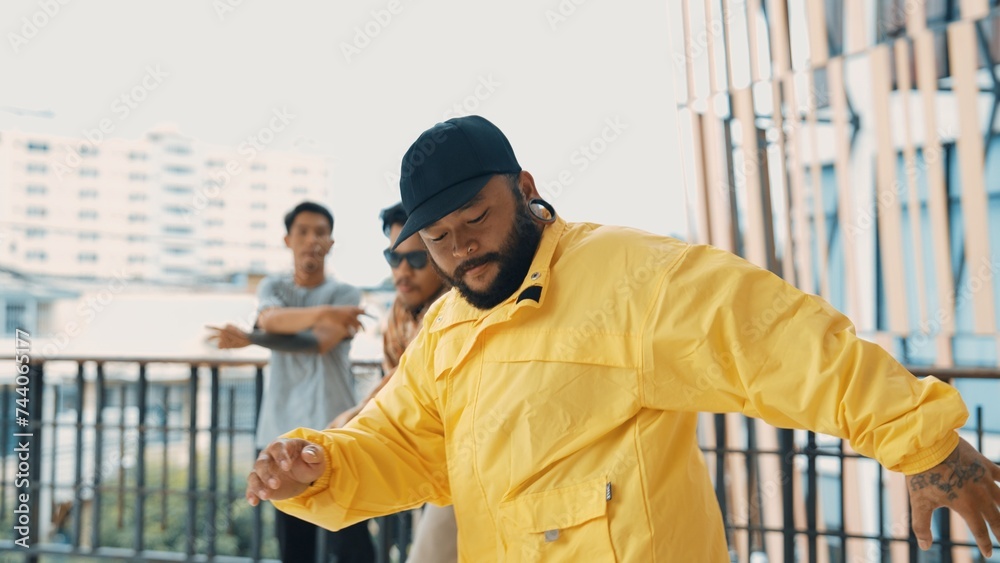 Hip hop team dance break dance while multicultural friend surrounded ...