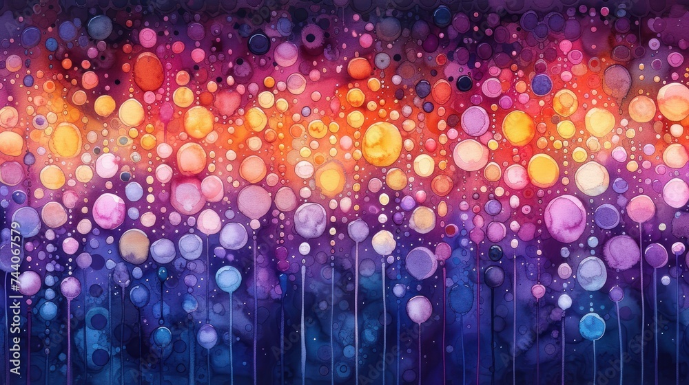 a painting of many different colored bubbles on a purple and blue ...