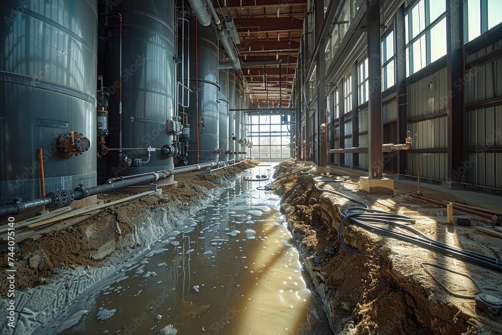 Amidst the steel and decay of an abandoned factory, dirty water pools ...