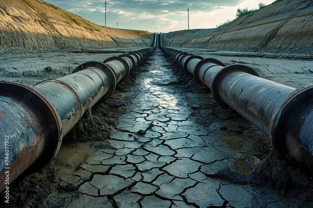 A massive pipe lies across a field covered in dry grass, Industrial ...