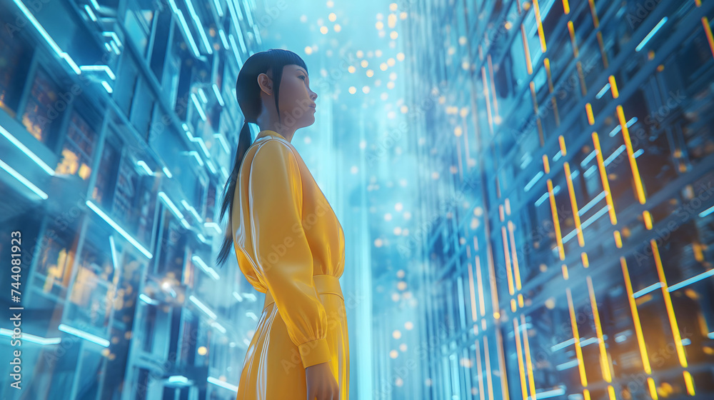 Metaverse technology concept. Woman in yellow outfit, Living in the ...