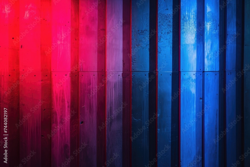A photograph of a wall with vertical stripes in the colors red, blue ...