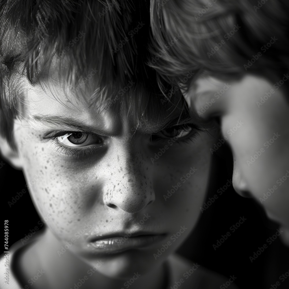 A close-up captures the intense gaze of a young boy with furrowed brows ...
