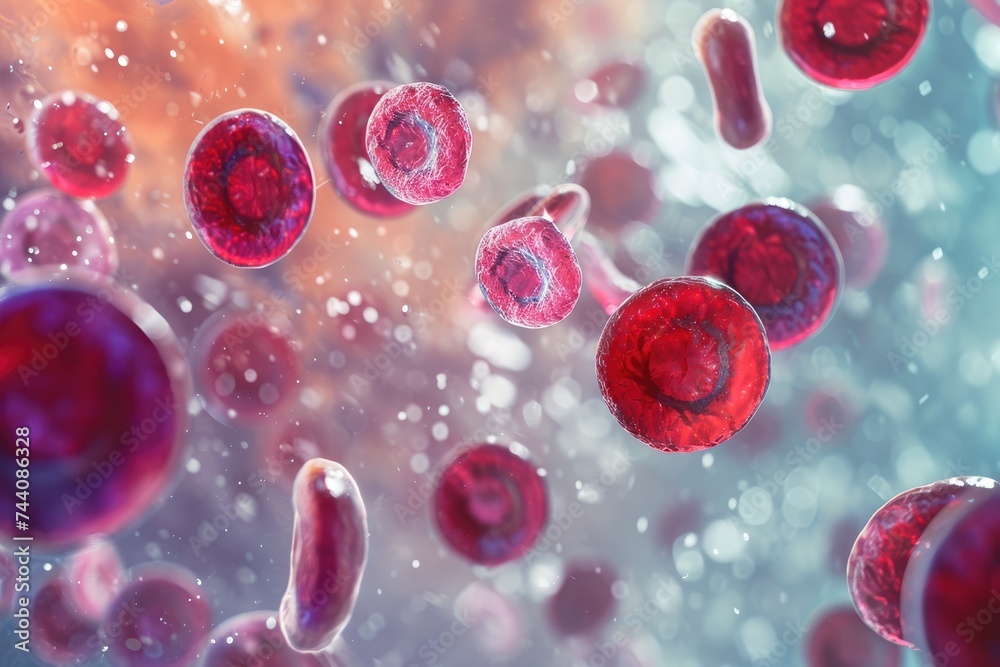 A group of red blood cells, suspended in mid-air, creating a mesmerizing scene, Microscopic view ...