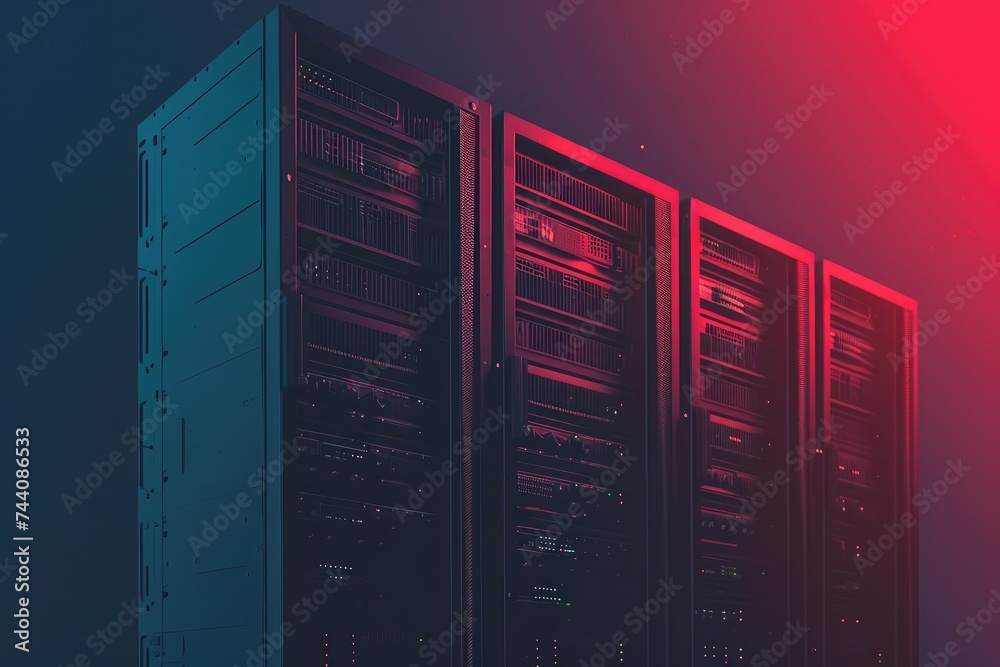 A neat row of powerful servers with blinking lights and fans, housed in ...