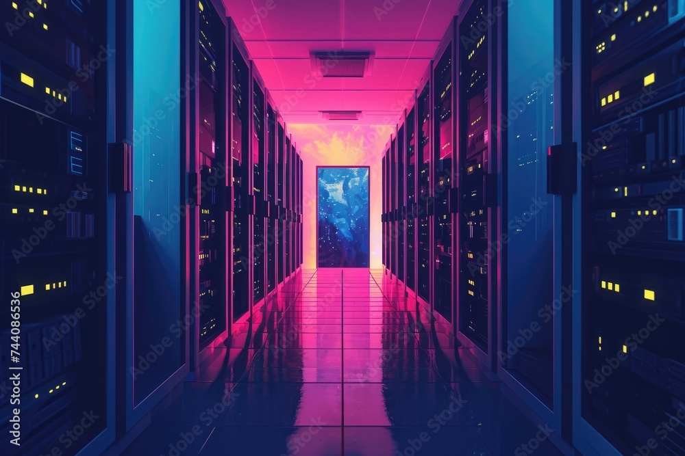 A long hallway in a data center filled with rows of servers, Minimalist ...