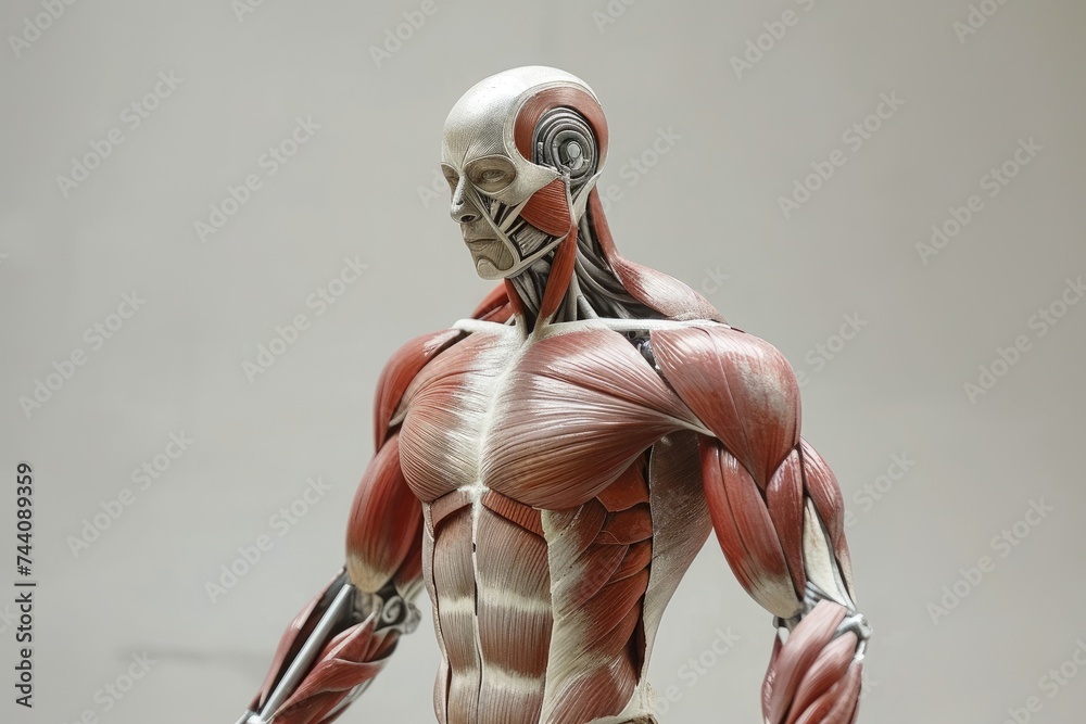 A detailed model of a human body, with muscles highlighted, showcasing ...